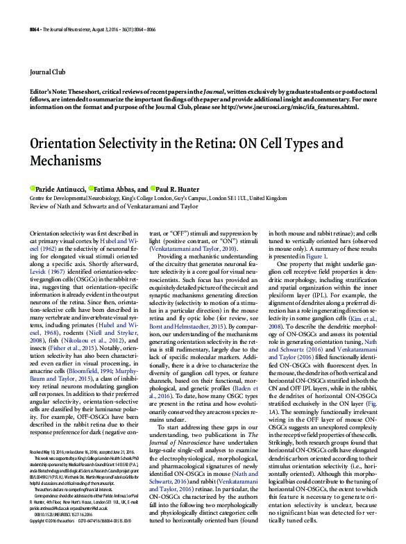 (PDF) Orientation Selectivity in the Retina: ON Cell Types and Mechanisms