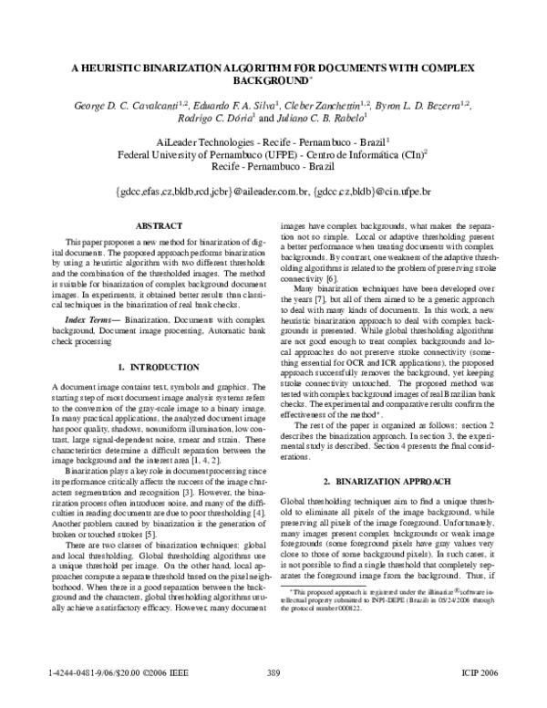 Pdf A Heuristic Binarization Algorithm For Documents With Complex