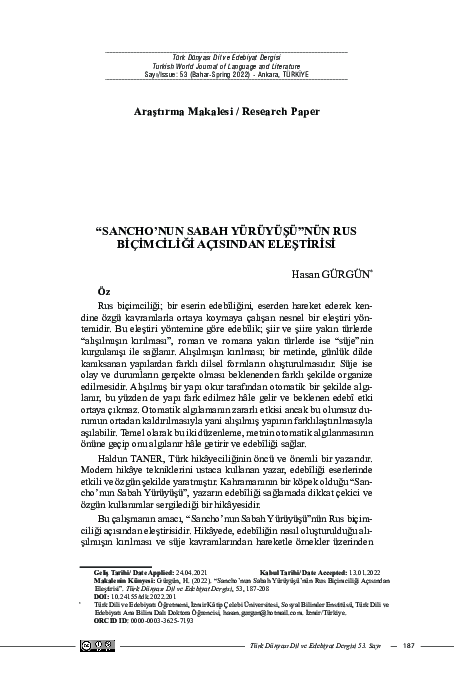 (PDF) “Sancho’nun Sabah Yürüyüşü”nün Rus Biçimciliği Açısından Eleştirisi
