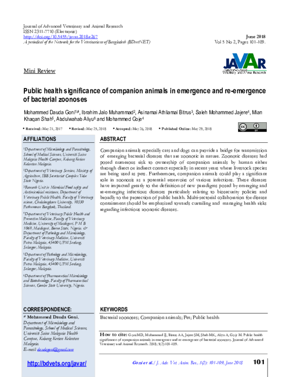 (PDF) Public health significance of companion animals in emergence and ...