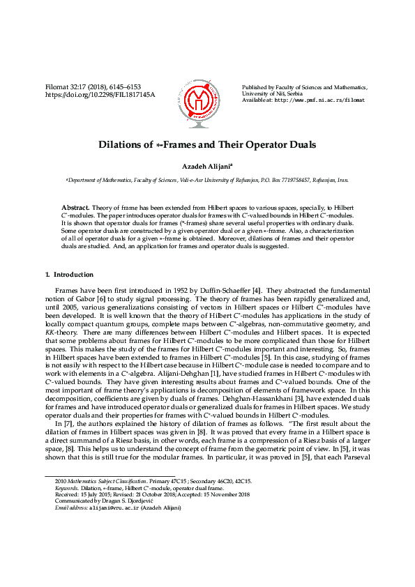 (PDF) Dilations of *-frames and their operator duals