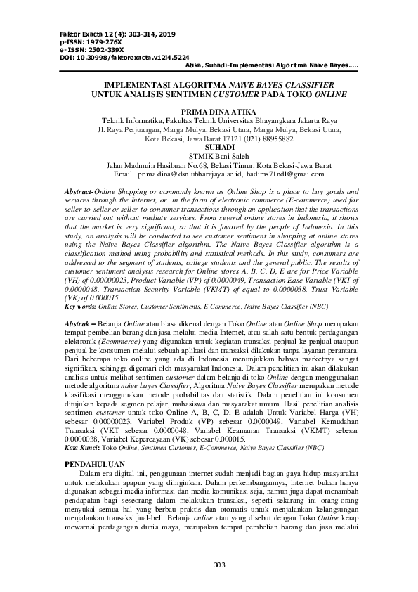 (PDF) Implementasi Algoritma Naïve Bayes Classifier untuk Analisis Sentimen Customer pada Toko ...