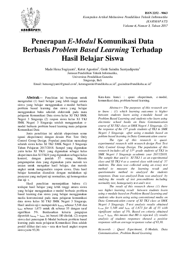 (PDF) Penerapan E-Modul Komunikasi Data Berbasis Problem Based Learning Terhadap Hasil Belajar Siswa