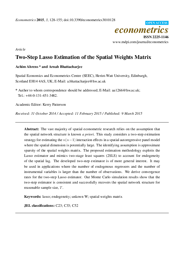 Pdf Two Step Lasso Estimation Of The Spatial Weights Matrix Arnab