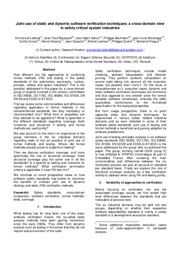 Pdf Joint Use Of Static And Dynamic Software Verification Techniques A Cross Domain View In