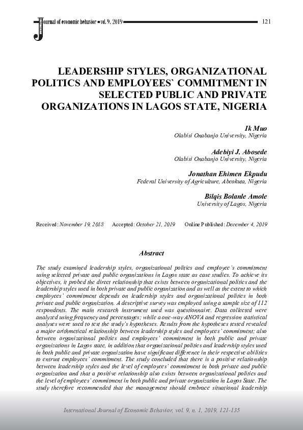 (PDF) Leadership Styles, Organizational Politics and Employees ...