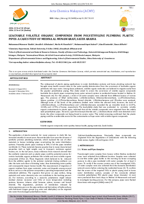 (PDF) Leachable Volatile Organic Compounds from Polyethylene Plumbing Plastic Pipes: A Case ...