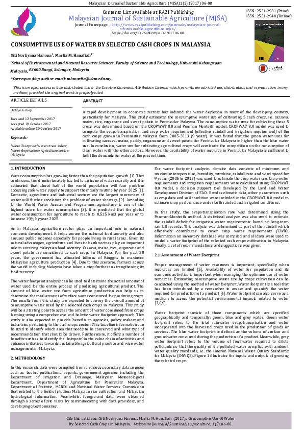 (PDF) Consumptive Use of Water by Selected Cash Crops in Malaysia
