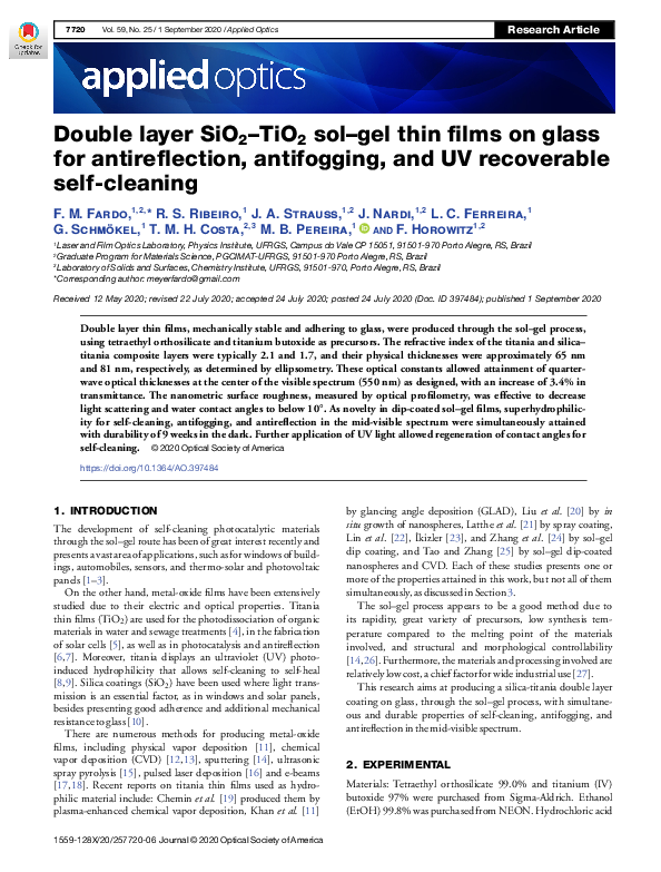 (PDF) Double layer SiO2–TiO2 sol–gel thin films on glass for antireflection, antifogging, and UV ...