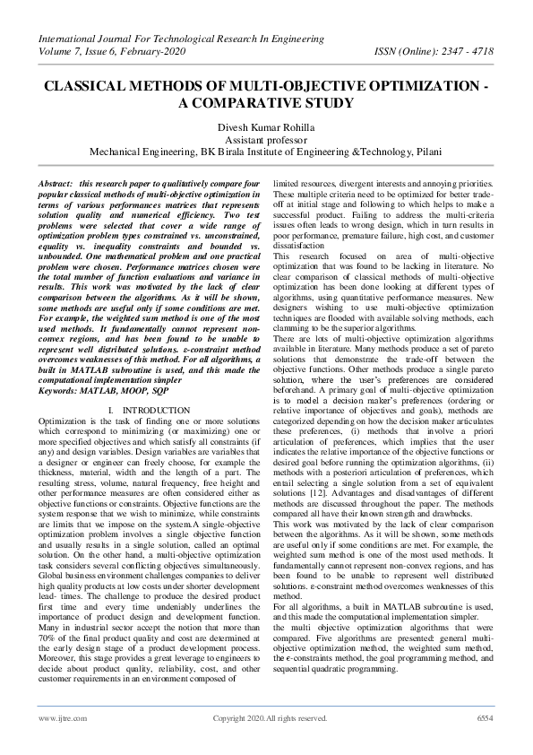 (PDF) Classical Methods of Multi-Objective Optimization-A Comparative Study