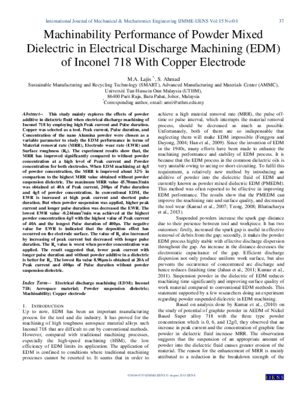 (PDF) Machinability Performance of Powder Mixed Dielectric in ...