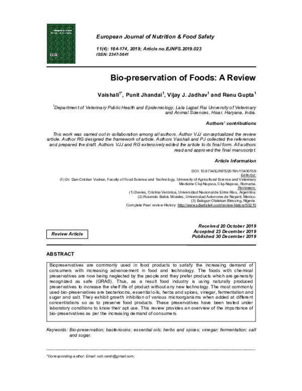 (PDF) Bio-preservation of Foods: A Review
