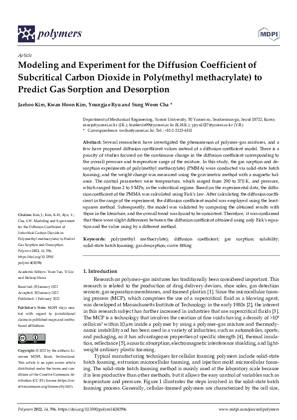 (PDF) Modeling and Experiment for the Diffusion Coefficient of Subcritical Carbon Dioxide in ...