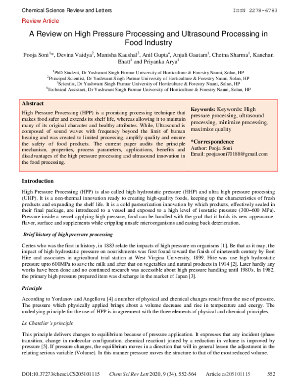 (PDF) A Review on High Pressure Processing and Ultrasound Processing in ...