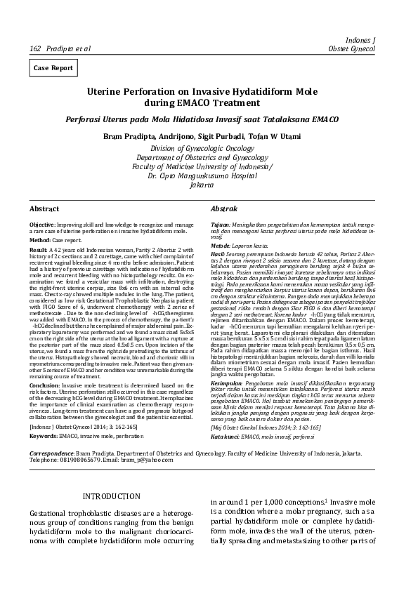 (PDF) Uterine Perforation on Invasive Hydatidiform Mole during EMACO ...