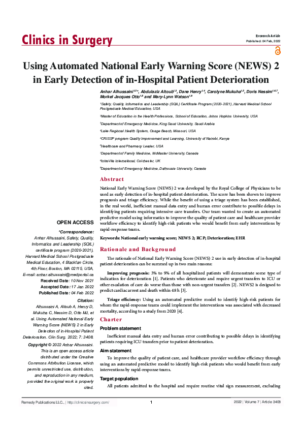 (PDF) Using Automated National Early Warning Score (NEWS) 2 in Early ...