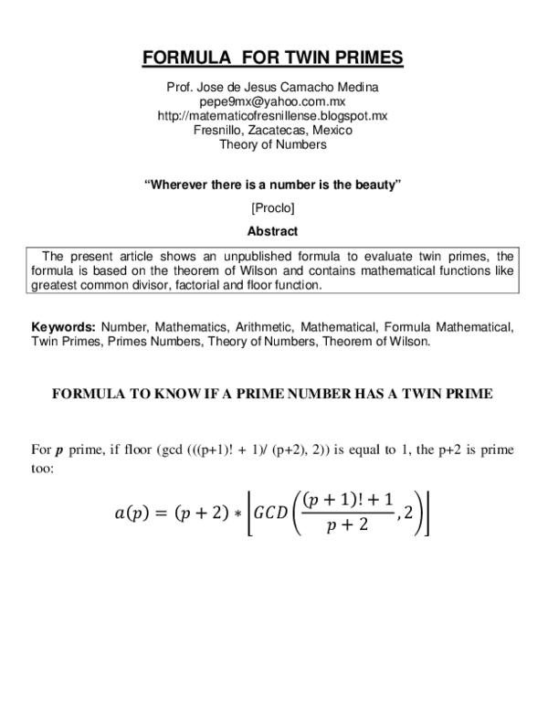 (PDF) Formula for Twin Primes