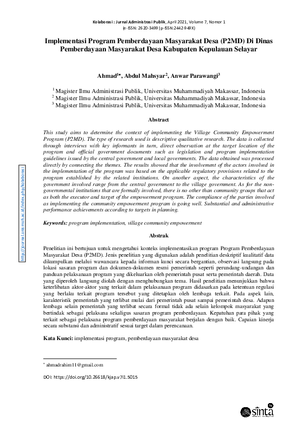 (PDF) Implementasi Program Pemberdayaan Masyarakat Desa (P2md) Di Dinas ...