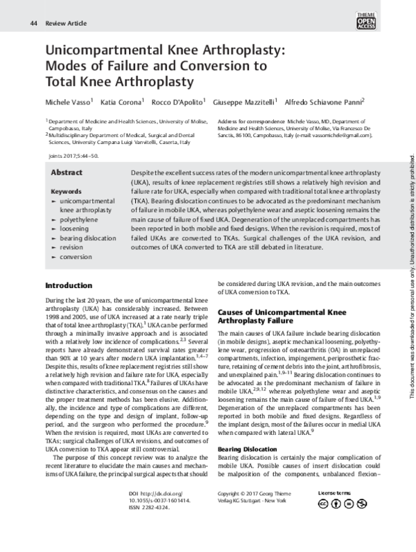 (PDF) Unicompartmental Knee Arthroplasty: Modes of Failure and Conversion to Total Knee ...