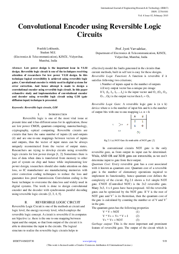 (PDF) Convolutional Encoder using Reversible Logic Circuits