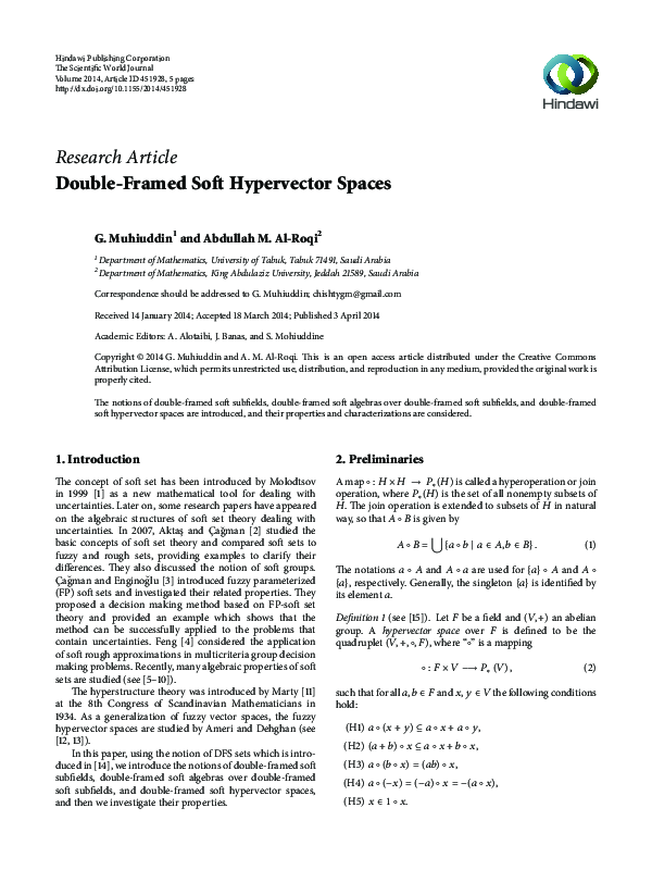 (PDF) Double-Framed Soft Hypervector Spaces
