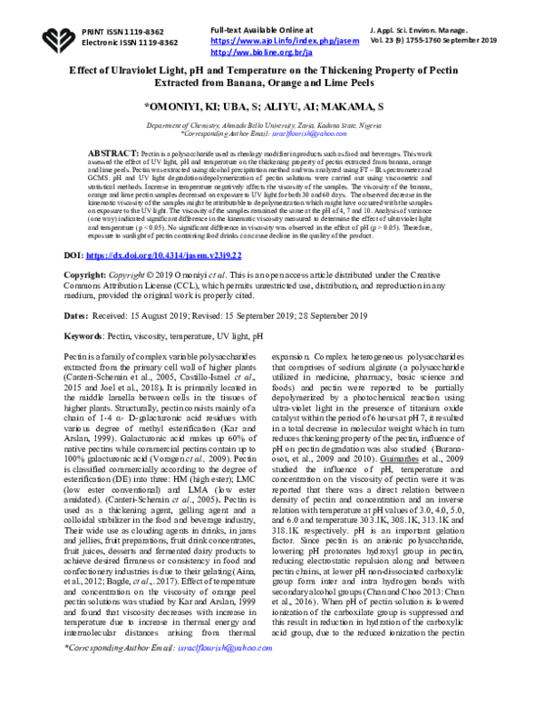 Pdf Characterization Of Pectin Extracted From Banana Peels Of