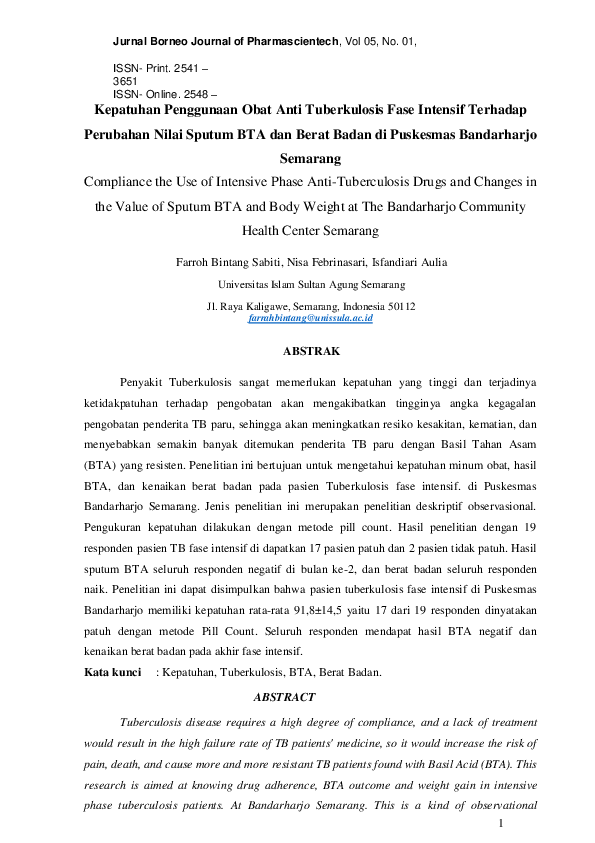 (PDF) Kepatuhan Penggunaan Obat Anti Tuberkulosis Fase Intensif ...