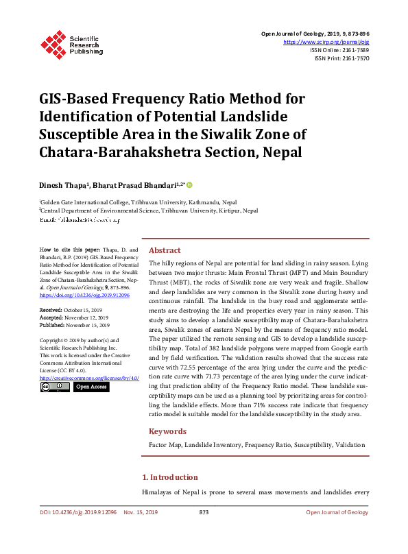 (PDF) GIS-Based Frequency Ratio Method for Identification of Potential Landslide Susceptible ...
