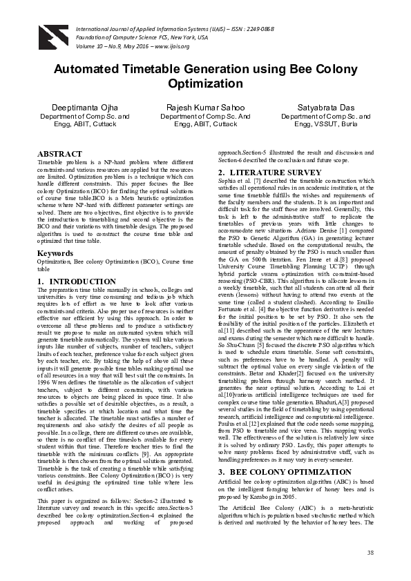 Automated Timetable Generation using Bee Colony Optimization Automated Timetable Generation using Bee Colony Optimization