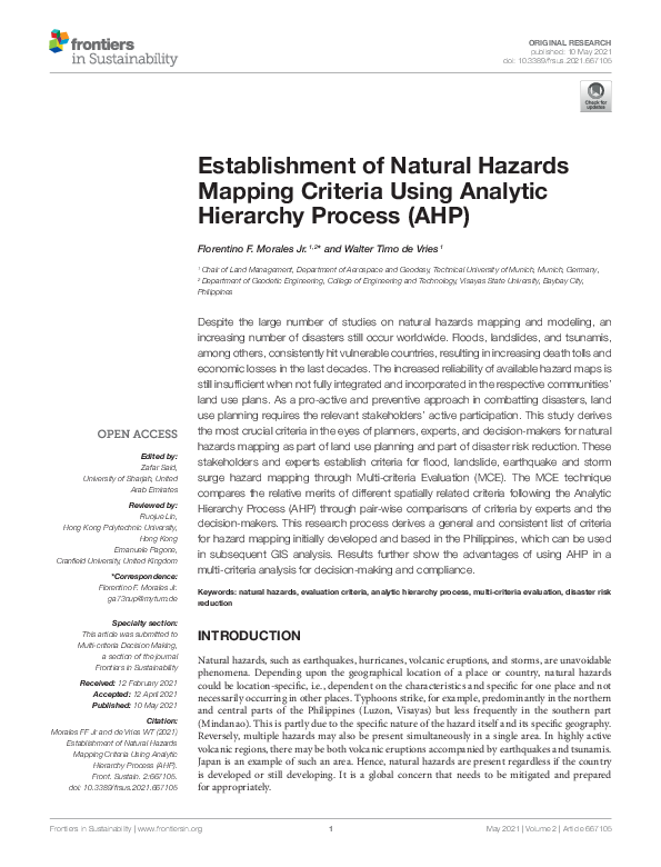 (PDF) Establishment of Natural Hazards Mapping Criteria Using Analytic Hierarchy Process (AHP)