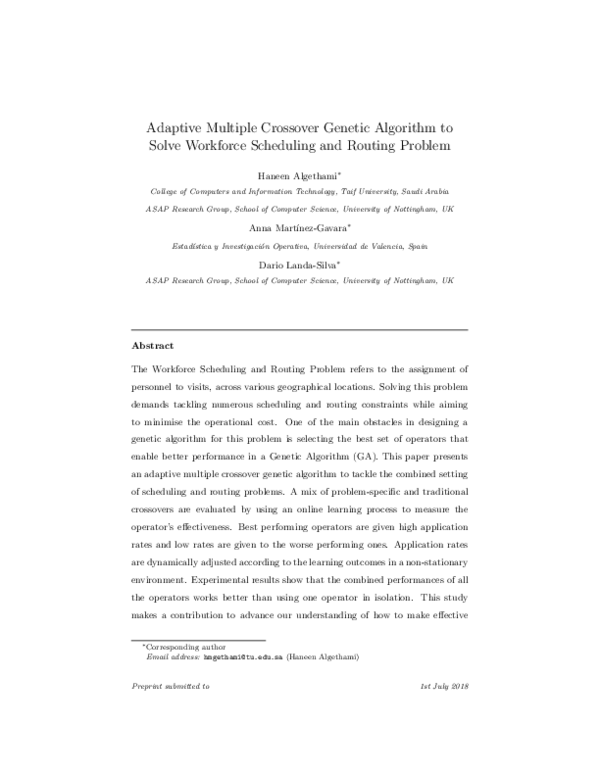 (PDF) Adaptive multiple crossover genetic algorithm to solve workforce ...