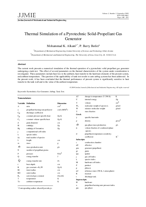 (PDF) Thermal Simulation of a Pyrotechnic Solid-Propellant Gas Generator