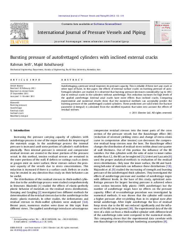 (PDF) Bursting pressure of autofrettaged cylinders with inclined ...