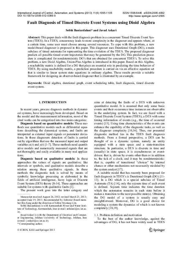 (PDF) Fault diagnosis of timed discrete event systems using Dioid Algebra