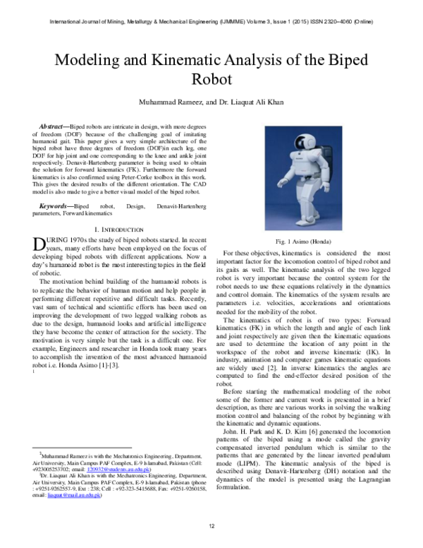 (PDF) Modeling and Kinematic Analysis of the Biped Robot