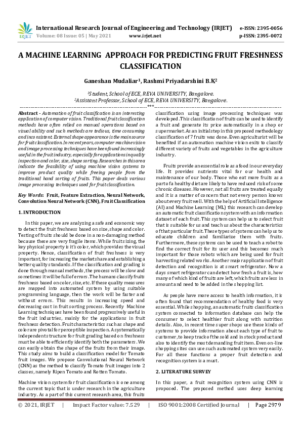 (PDF) A Machine Learning Approach for Predicting Fruit Freshness ...