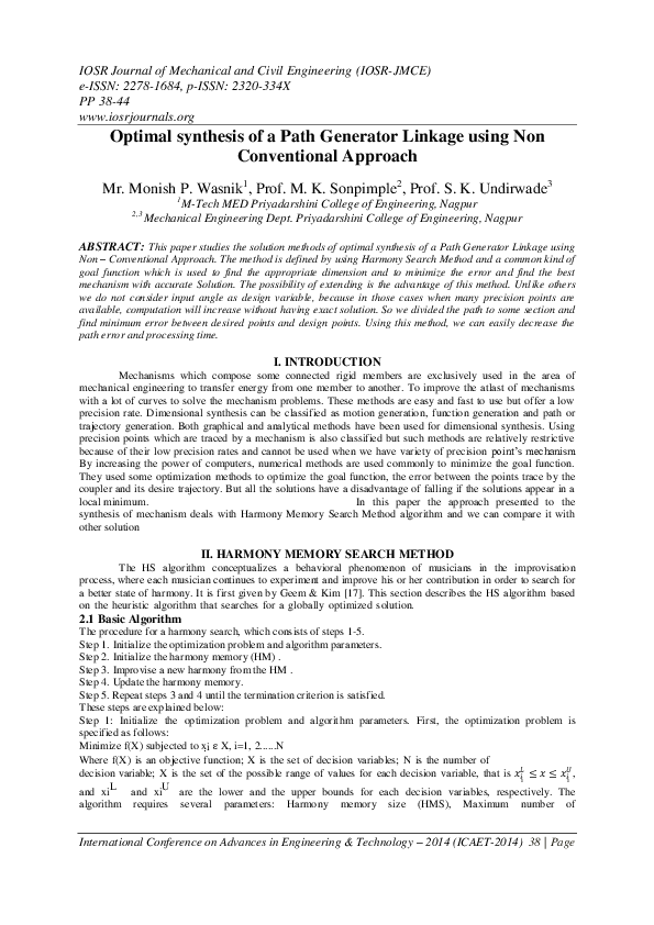(PDF) Optimal synthesis of a Path Generator Linkage using Non ...