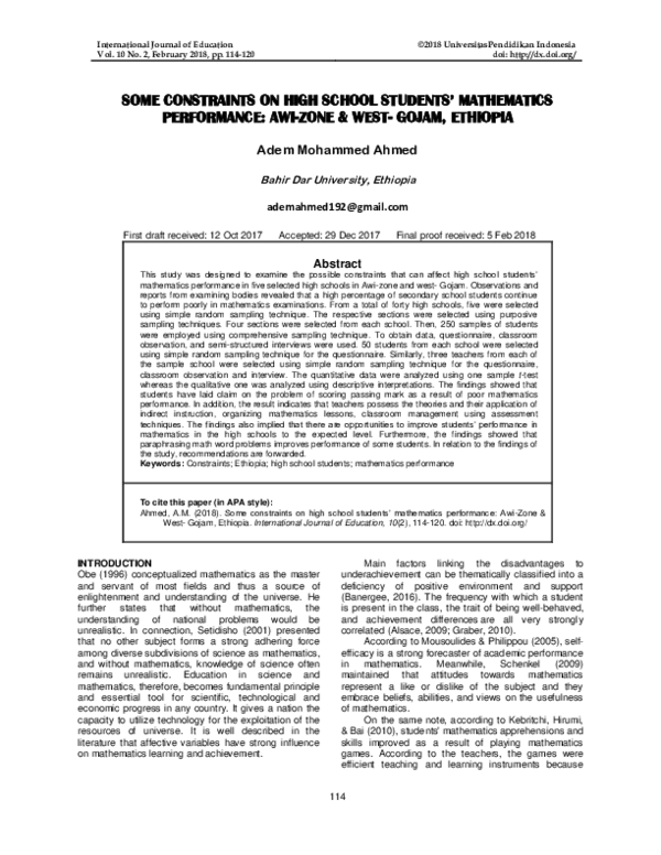 (PDF) Some Constraints on High School Students’ Mathematics Performance ...