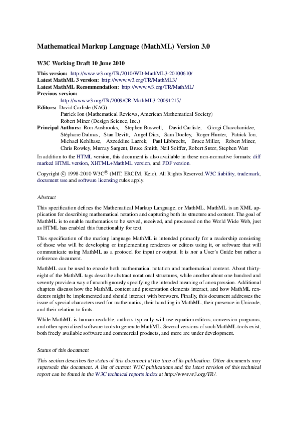 (PDF) Mathematical Markup Language (MathML) Version 3.0