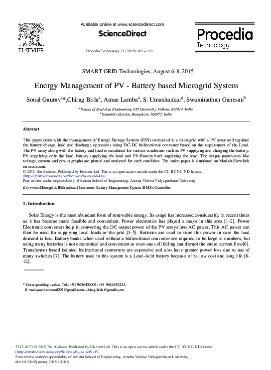 (PDF) Energy Management of PV – Battery Based Microgrid System