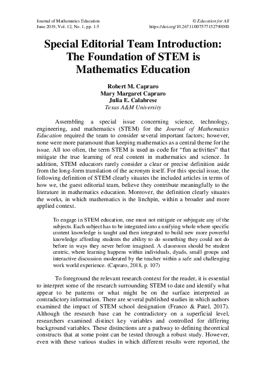 (PDF) Special Editorial Team Introduction: The Foundation of STEM is ...