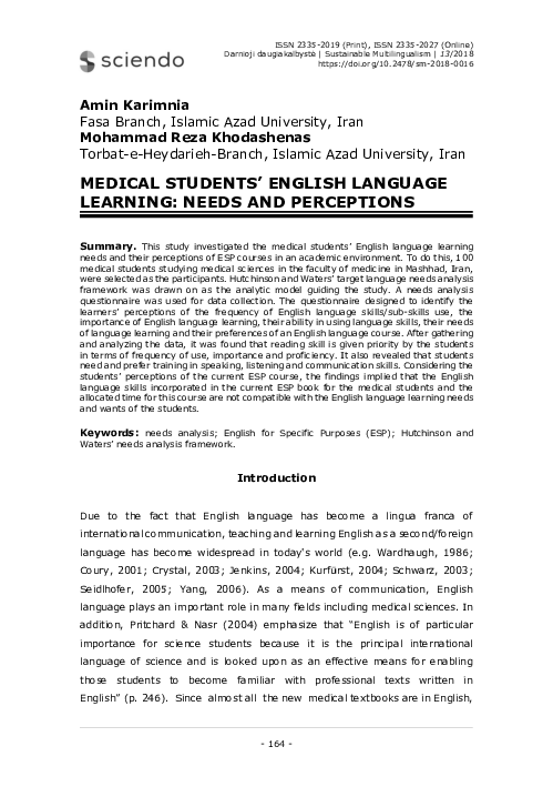 (PDF) Medical Students’ English Language Learning: Needs and Perceptions