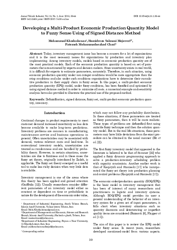 (PDF) Developing a Multi-Product Economic Production Quantity Model To Fuzzy Sense Using of ...