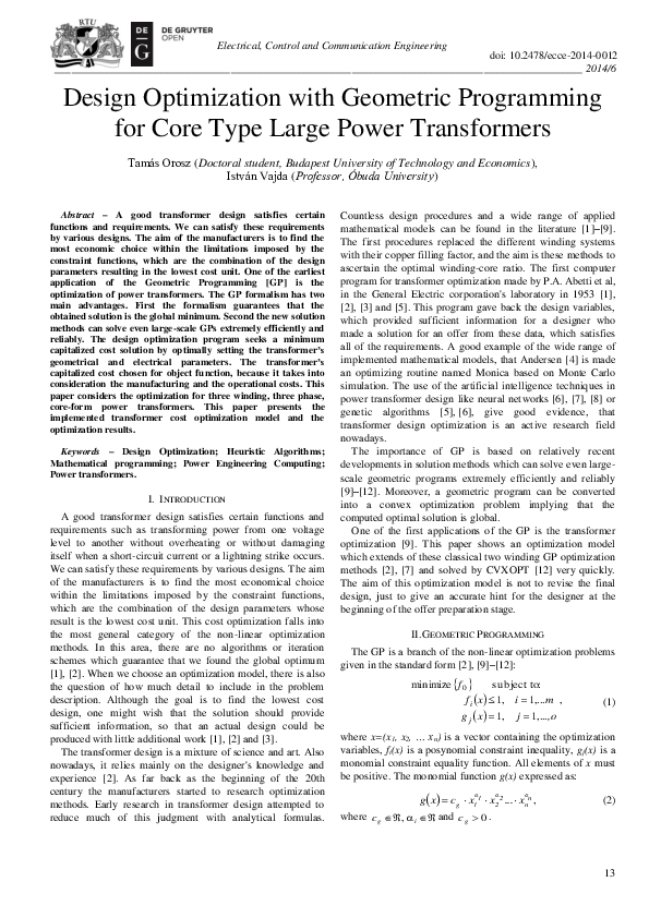 (PDF) Design Optimization with Geometric Programming for Core Type Large Power Transformers