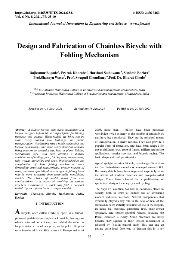 (PDF) Design and Fabrication of Chainless Bicycle with Folding Mechanism