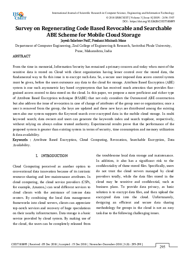 Pdf Survey On Regenerating Code Based Revocable And Searchable Abe Scheme For Mobile Cloud Storage