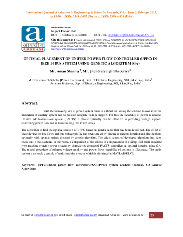 Pdf Optimal Placement Of Unified Power Flow Controller Upfc In Ieee 14 Bus System Using