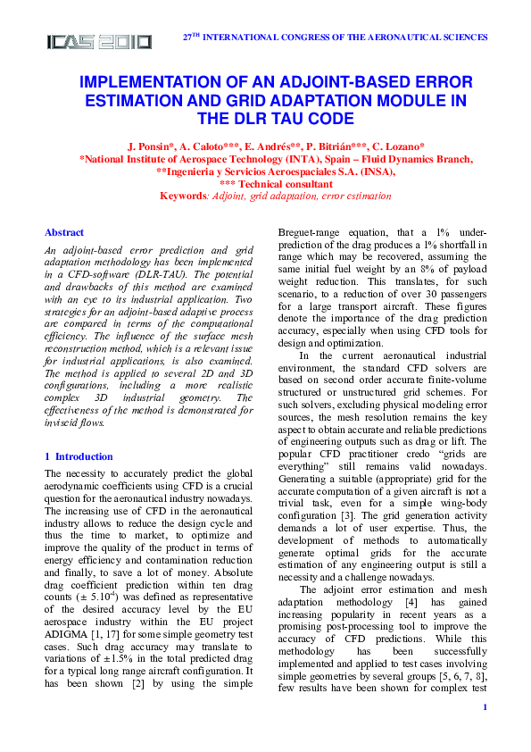 Pdf Implementation Of An Adjoint Based Error Estimation And Grid Adaptation Module In The Dlr