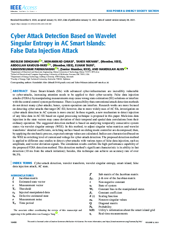 (PDF) Cyber Attack Detection Based on Wavelet Singular Entropy in AC Smart Islands: False Data ...