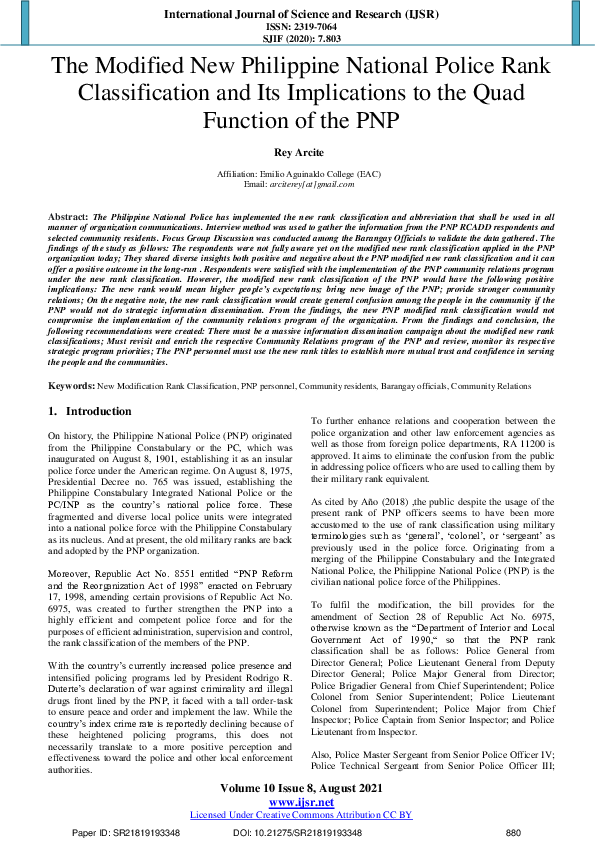 (PDF) The Modified New Philippine National Police Rank Classification ...